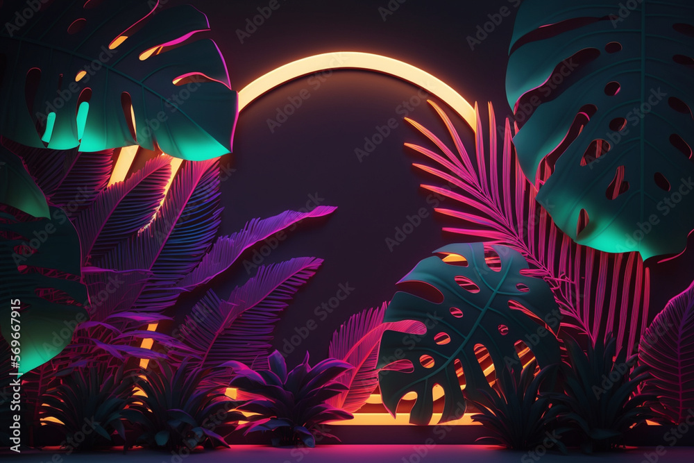 tropical neon party background with plants and palm trees party Stock ...