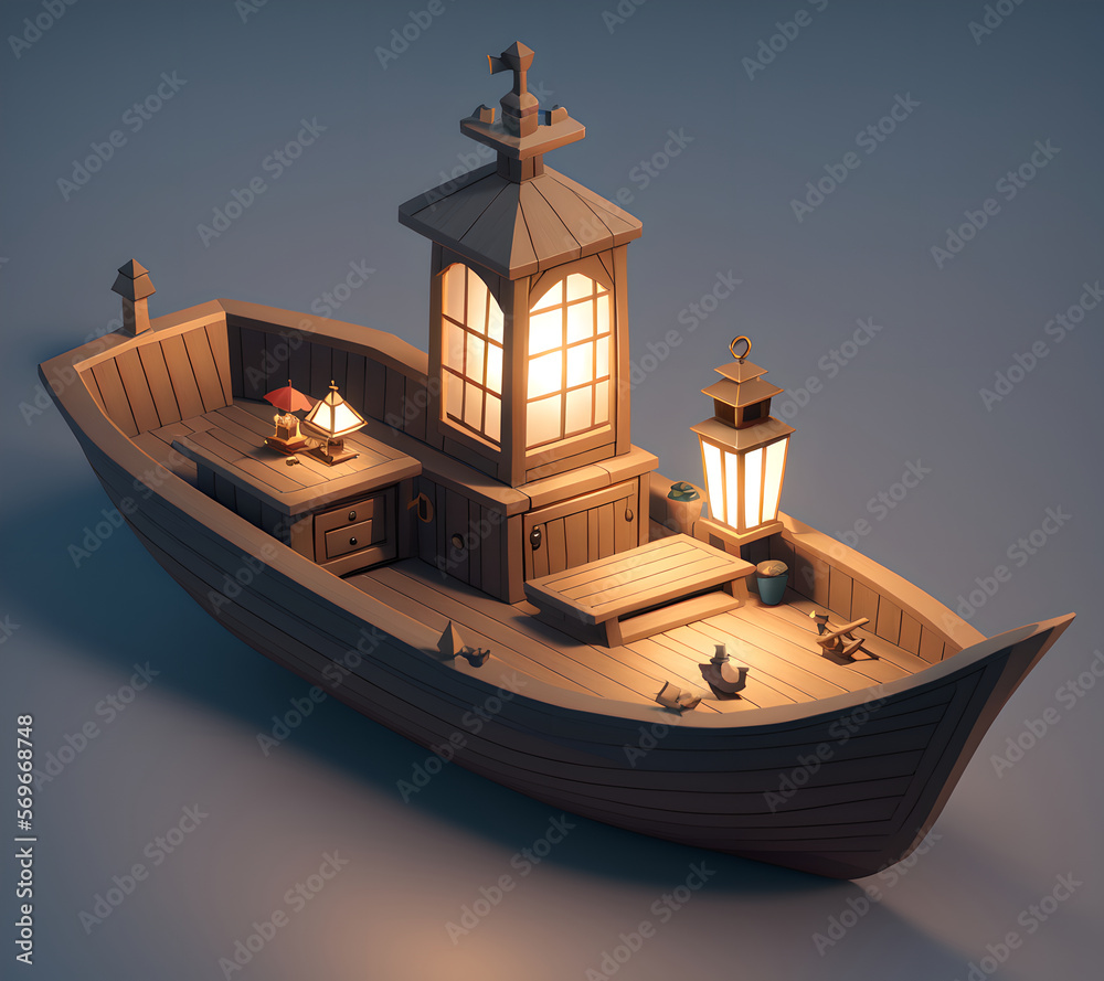 Small wooden fisherboat, 3d isometric reference model, AI generated ...
