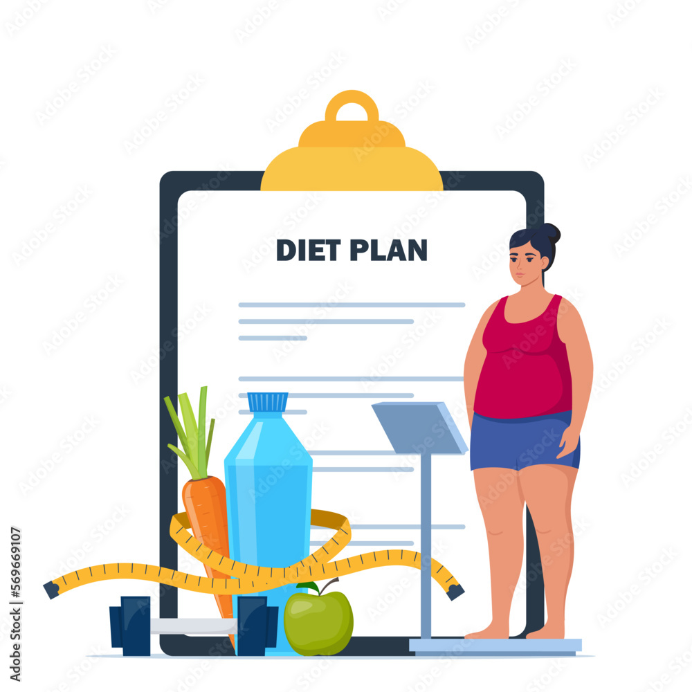 Fat woman standing on weigh scales. Diet plan checklist. Healthy food ...