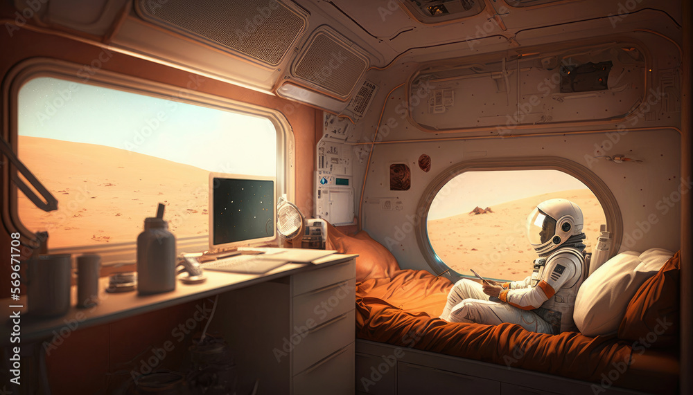 Astronaut in costume sitting on a bed in his room at colony on Mars ...