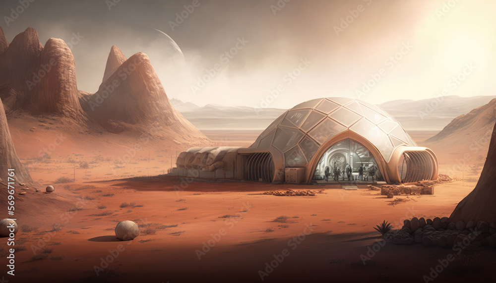 Human colony on Mars, colonizayion of red planet concept. Landscape ...