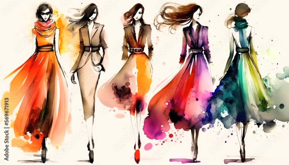 Watercolor fashion runway models concept art, Generative AI vogue ...