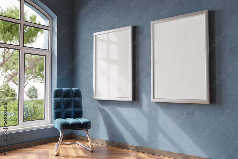 mock up poster frames in modern blue petrol colored home interior with ...