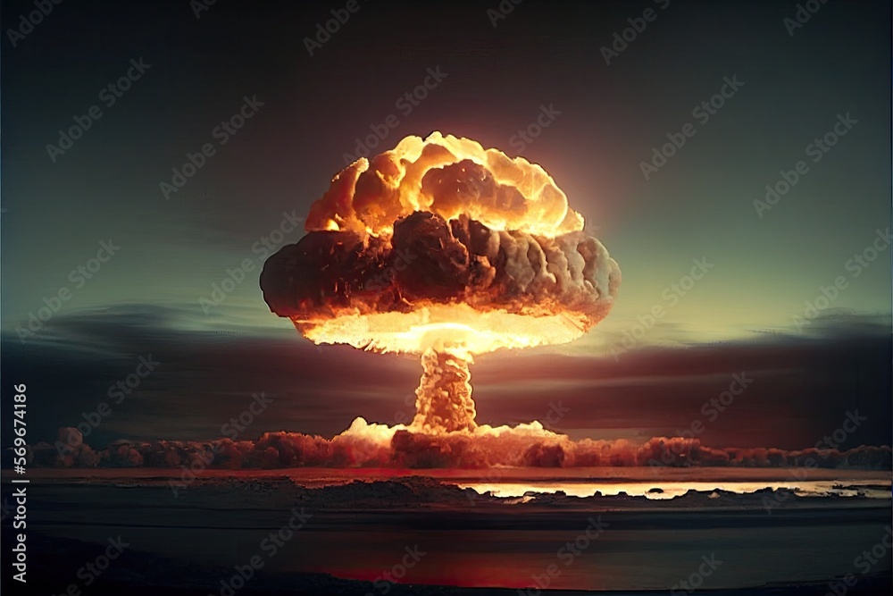 Nuclear bomb explosion mushroom cloud vintage photo. Atomic war concept art. Generative AI Stock ...