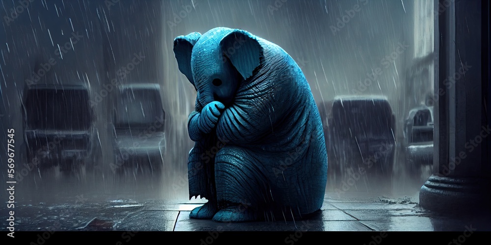 Blue Monday elephant concept, sad depressing day, elephant in a room ...