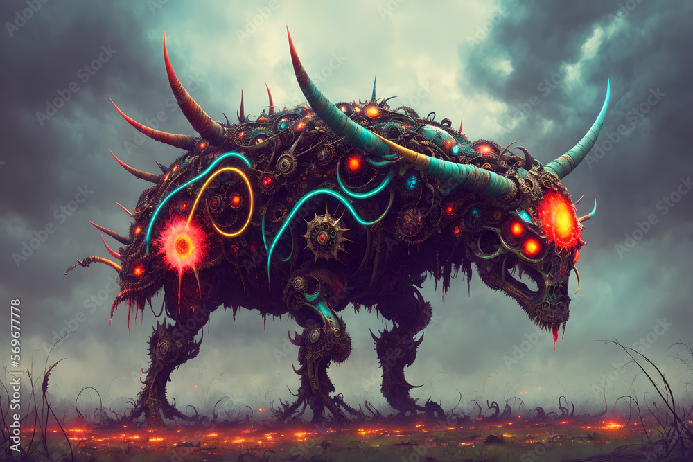 Hellish monster with fangs and horns, rotted flesh, empty eye sockets ...