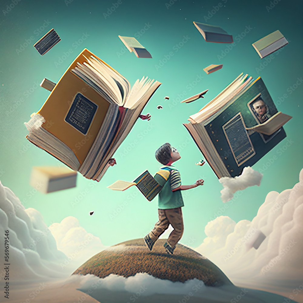 LIBROS FLOTANDO EN EL CIELO AZUL Y NUBES SOBRE UN JOVEN PARA EN LA CIMA ...