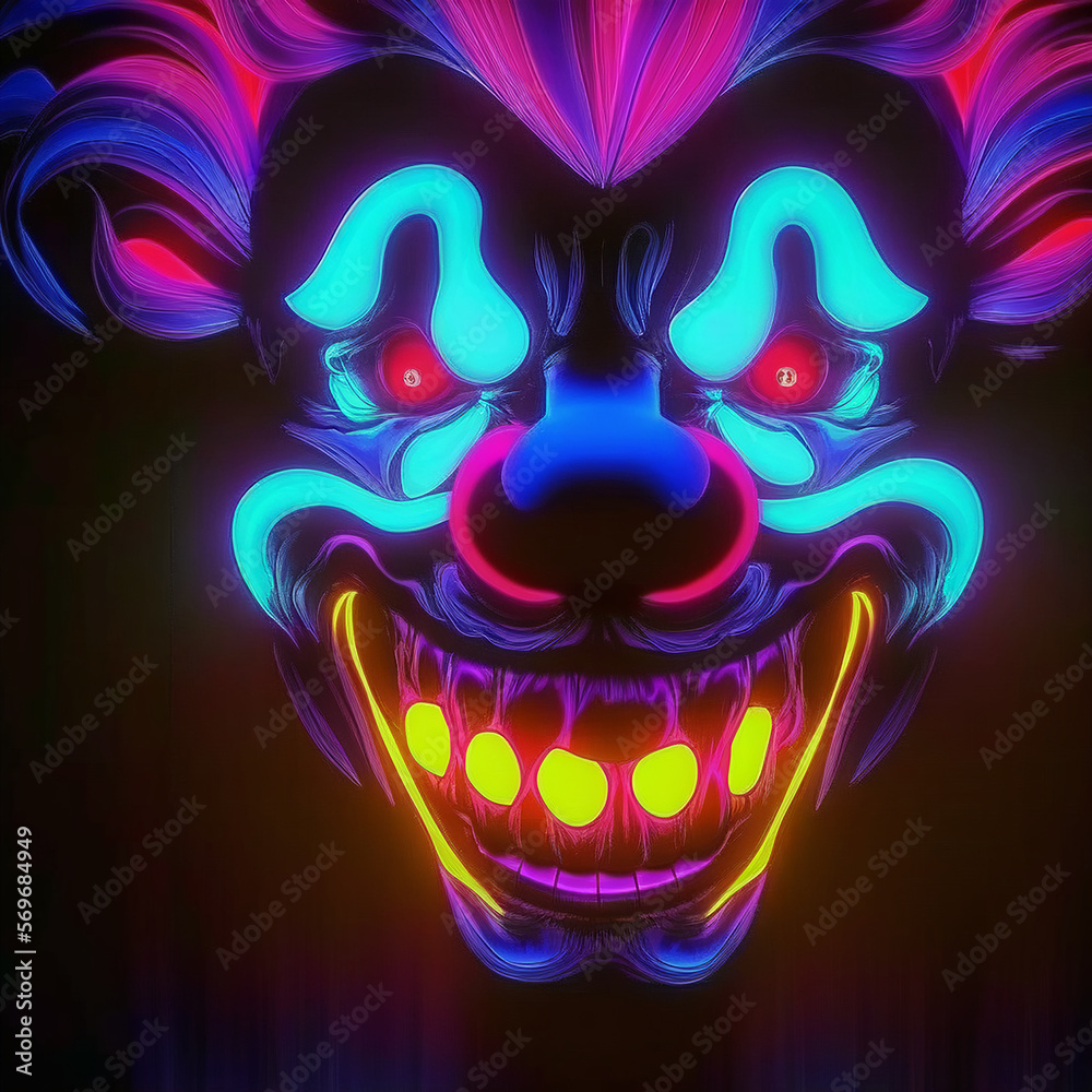 Eerie glowing blacklight image of a clown with a creepy grin. Created ...