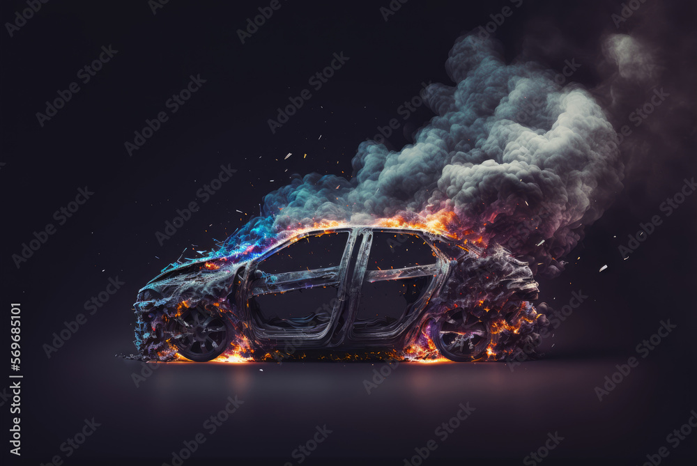 Fire of new modern hatchback car burning in flames on dark background ...