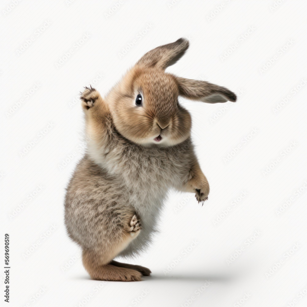 Cute young bunny rabbit dancing isolated on a white background ...