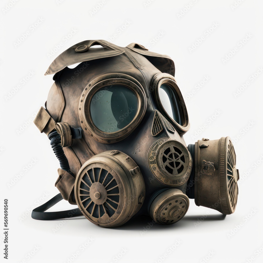 Worn and rugged gas mask in a dystopian future, nuclear war fallout ...