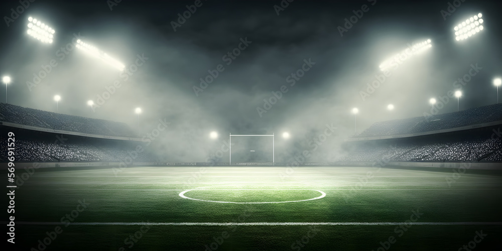 Soccer Football Field Stadium at night with spotlights and fog on stage ...