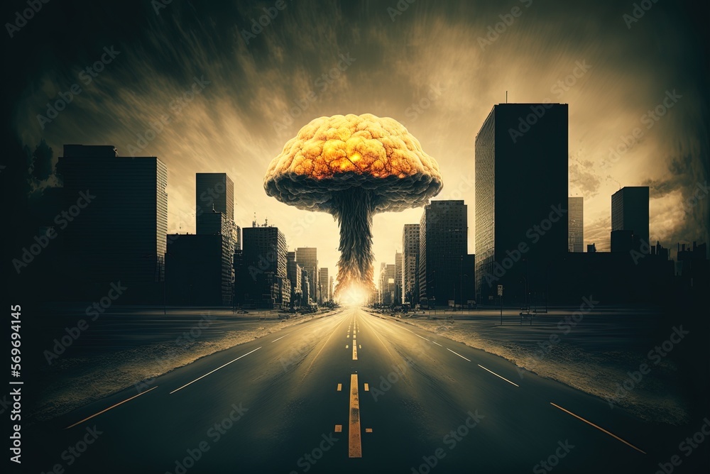 Atomic bomb above city, with buildings and asphalt road visible through ...