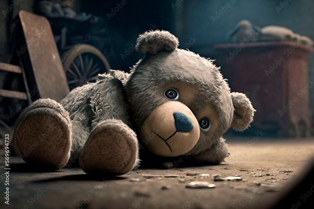 Sad lonely teddy bear lying on the floor symbol of abuse Stock ...