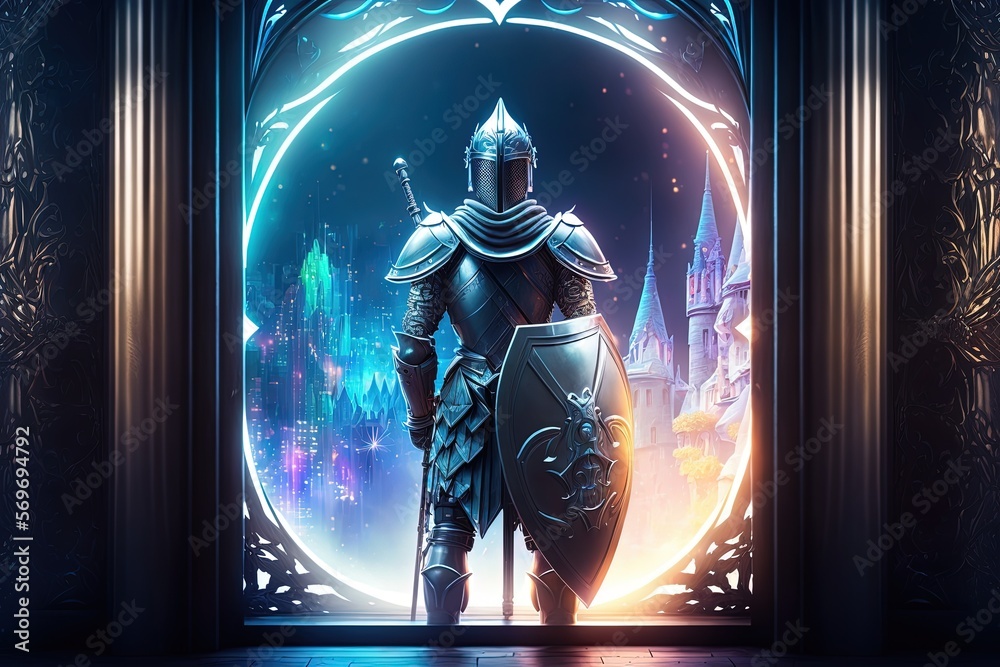 Medieval knight in armor in front of mystical portal, futuristic city ...