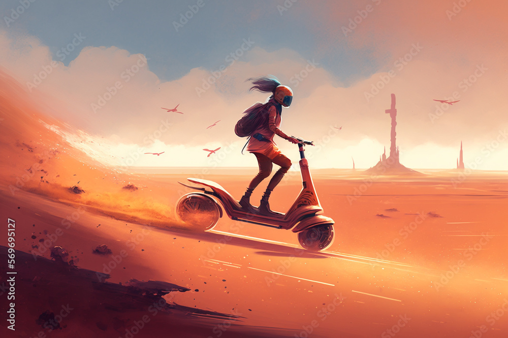 a girl on a futuristic flying scooter in the desert, created by a ...