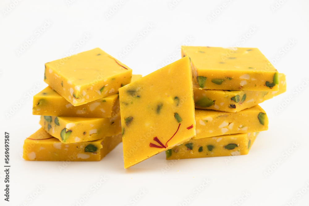 Indian Diamond Shaped Mithai Kesar Pista Kaju Barfi Is Saffron Infused ...