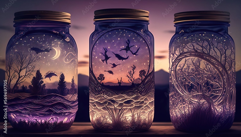4K resolution or higher, filigree-etched mason jars with galaxies and ...