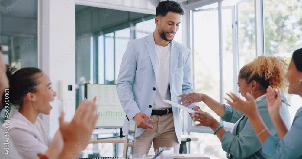 Business woman, celebration and certificate reward for achievement with ...