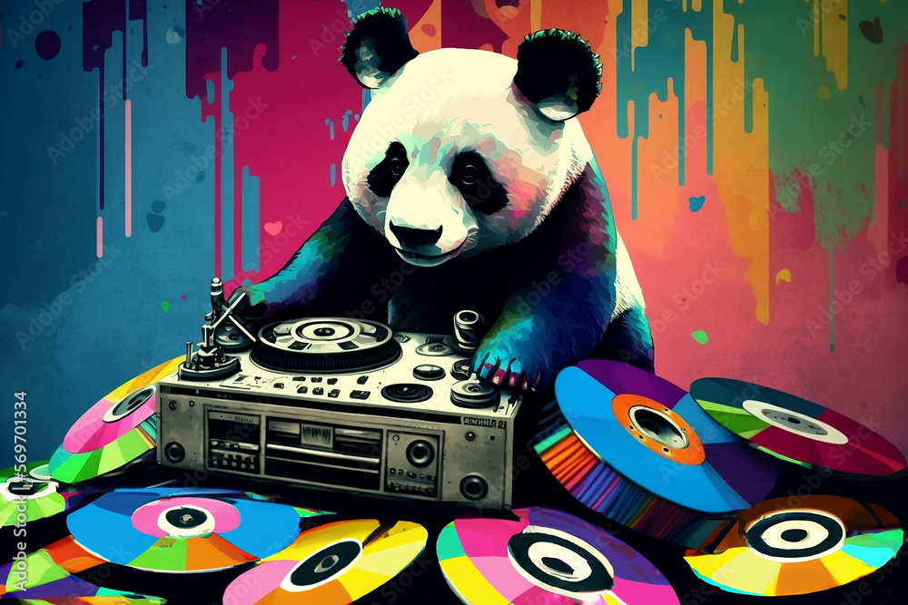 Giant retro panda sitting on a pile of vinyl records, colorful ...