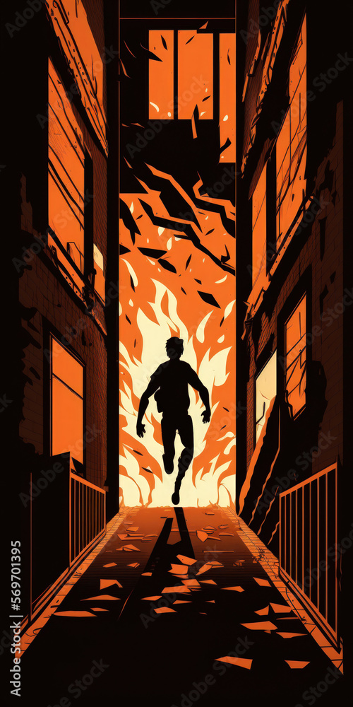 Silhouette Of Person Running Out Of Fire Escape On Corridor Of Building ...