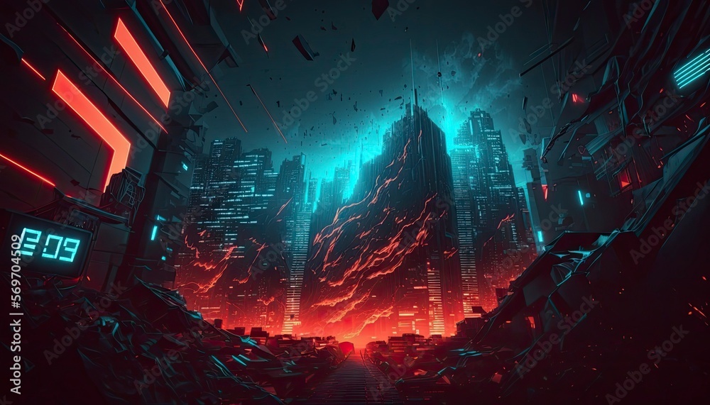 Painting 3D render of dystopia ruined cyber city scape walkway ...