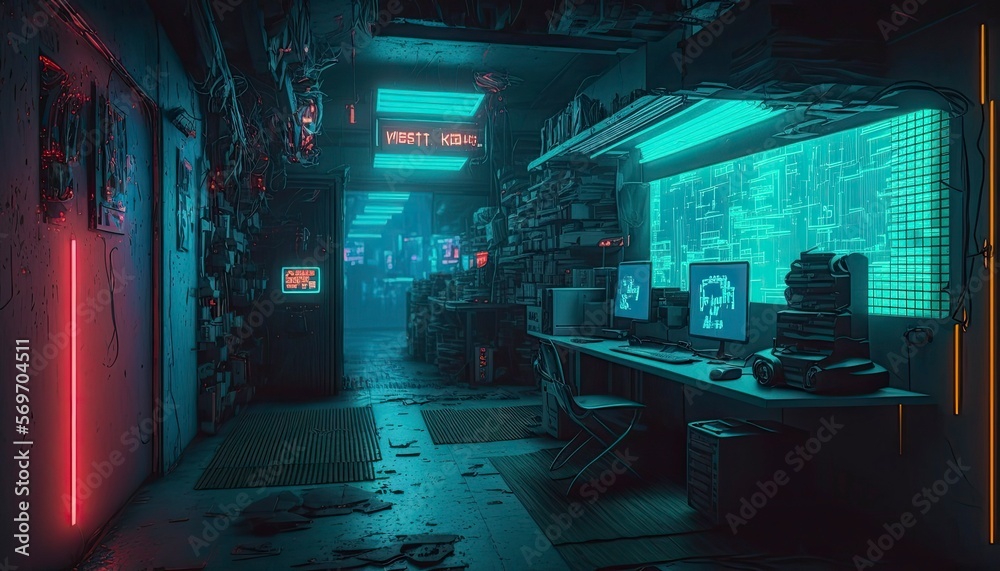 ภาพประกอบสต็อก Painting 3D render of a computer lab, hackers cave, cyber security room ...