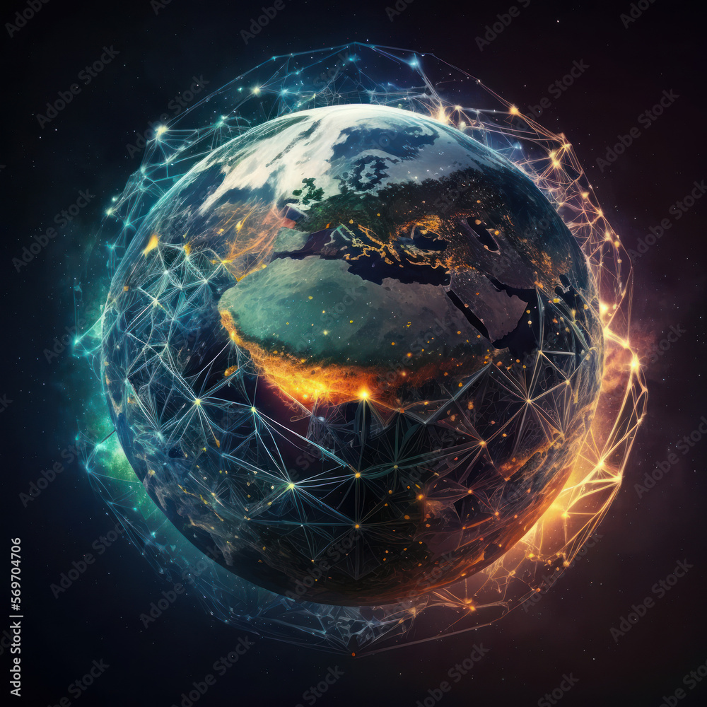 Planet earth in the satellite mesh. Network connection. Internet planet ...