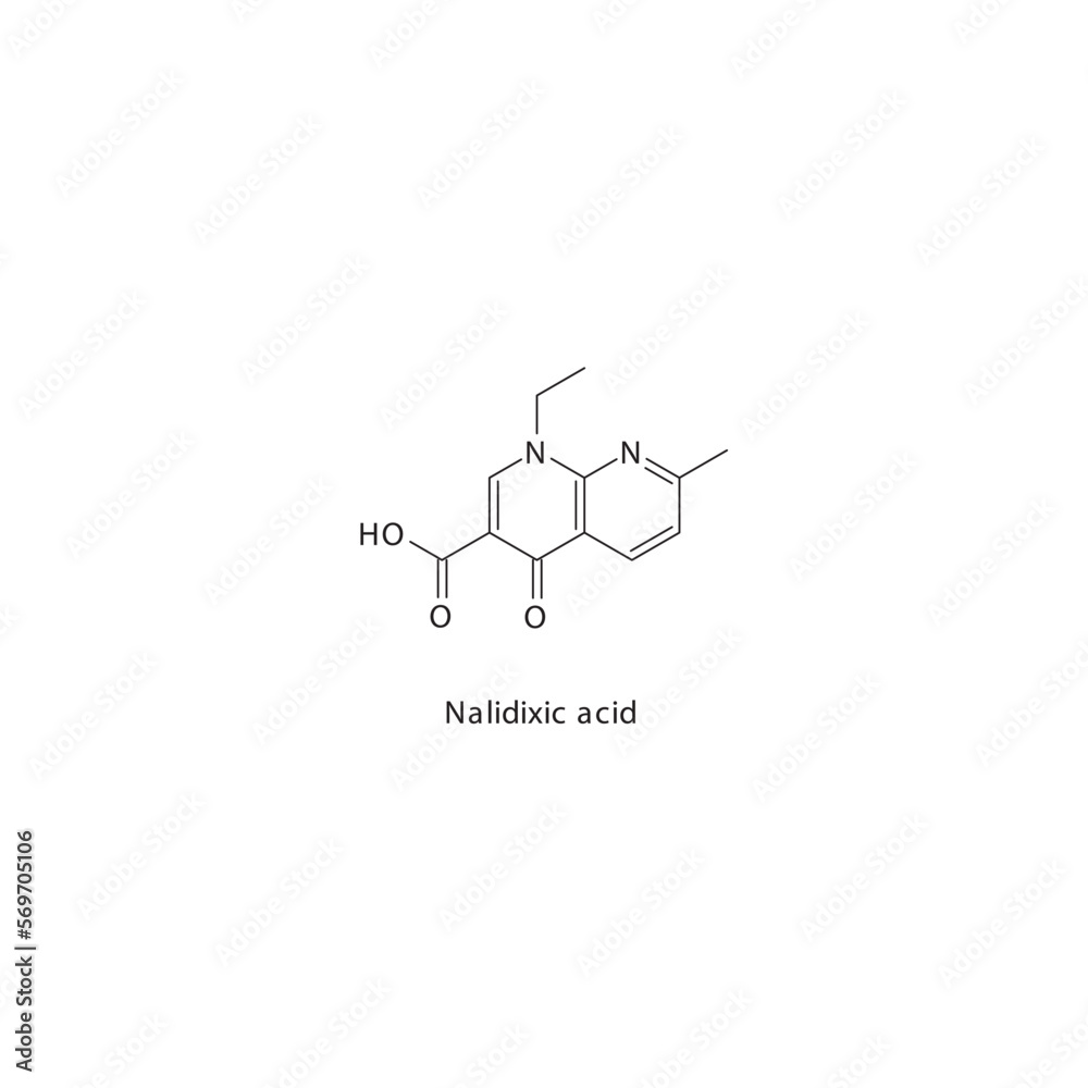 Nalidixic acid flat skeletal molecular structure Quinolone antibiotic ...