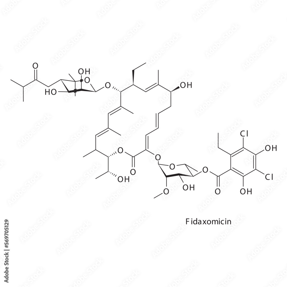 Fidaxomicin flat skeletal molecular structure Lipiarymycin antibiotic ...