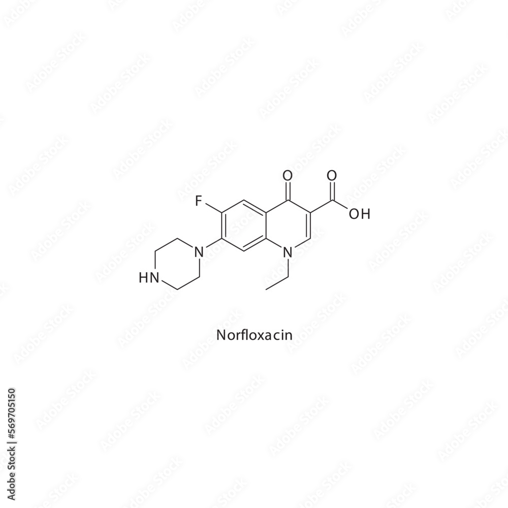 Norfloxacin flat skeletal molecular structure 2nd generation ...