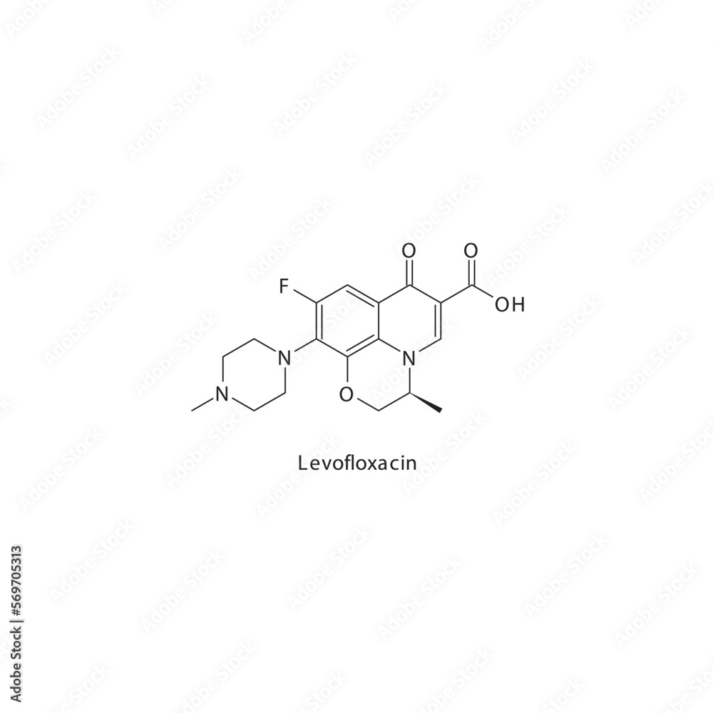Levofloxacin flat skeletal molecular structure 3rd generation ...