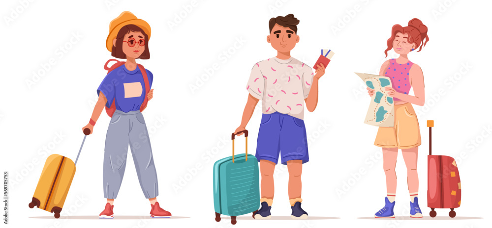 Set of flat vector illustrations of tourists on vacation. Seasonal ...