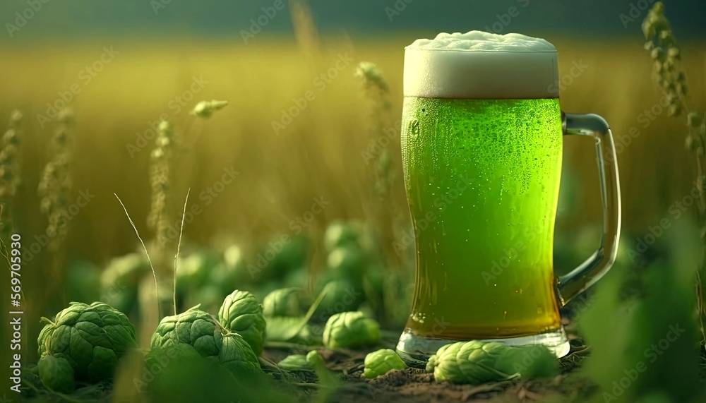 A pint of green beer with fresh green hops in grainy field. Traditional ...