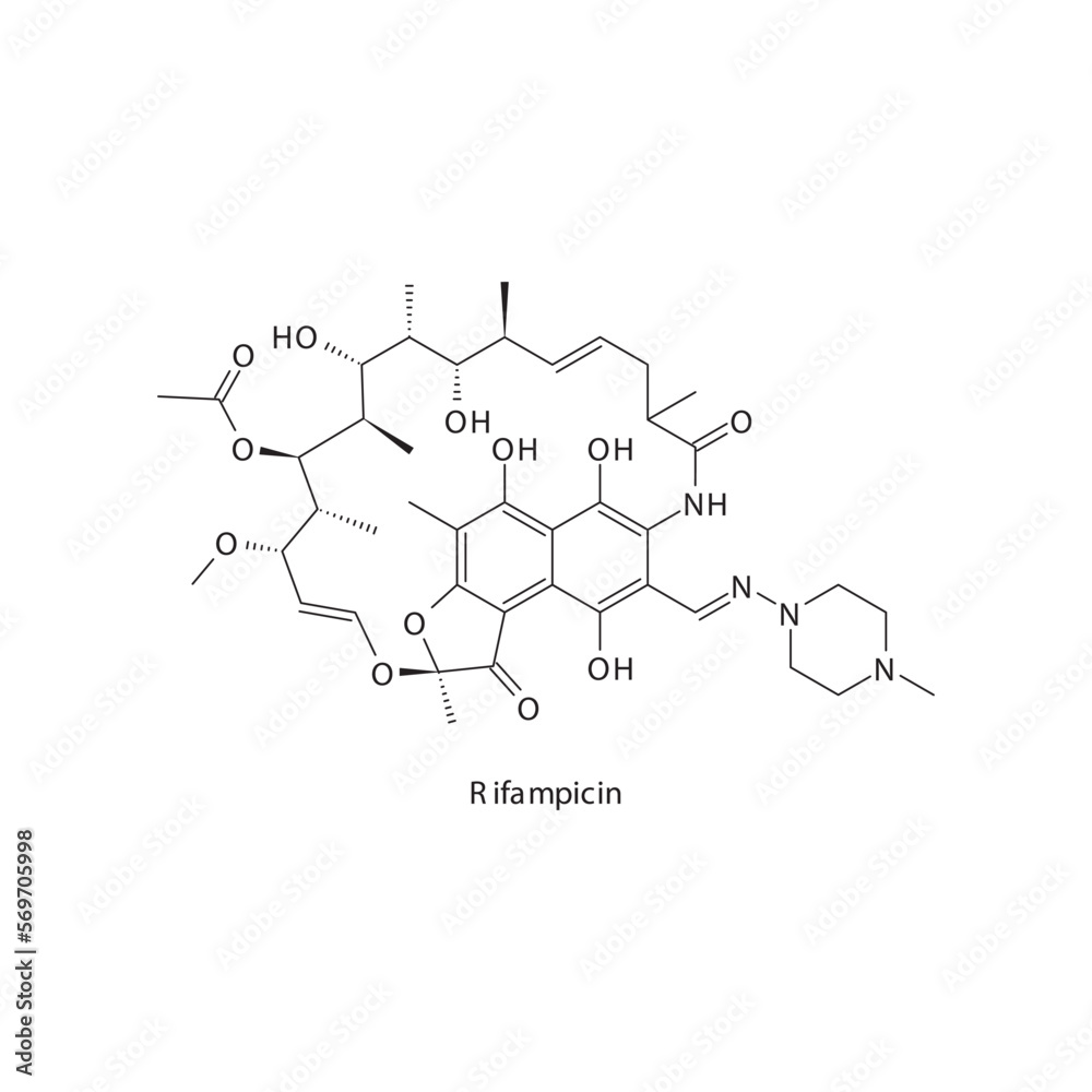 Rifampicin flat skeletal molecular structure Rifamycin antibiotic drug ...