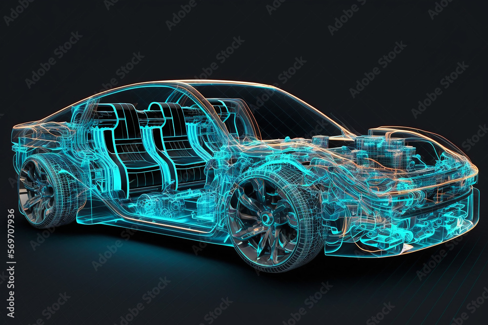 Electric car, fictitious model, with inner parts exposed. AI generated ...