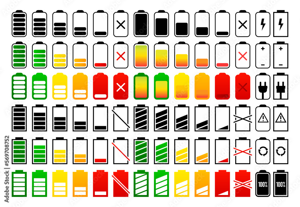 Battery Charge indicator icons collection. Battery charge level in ...