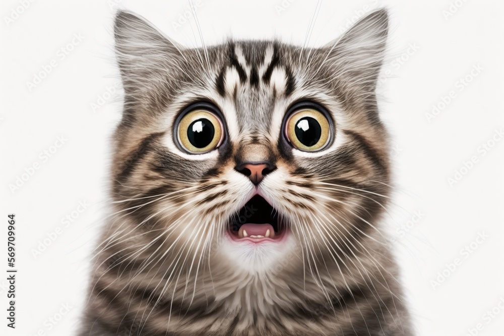 Portrait of frightened cat isolated on white background, concept of ...