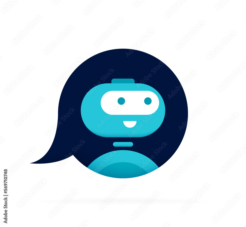 Chatbot character on message box speech bubble. Cute 3d Bot sign. Chat ...