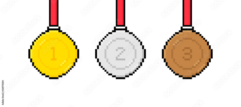 8 bit pixel art gold, silver, bronze medal with red ribbon. 1st, 2nd ...
