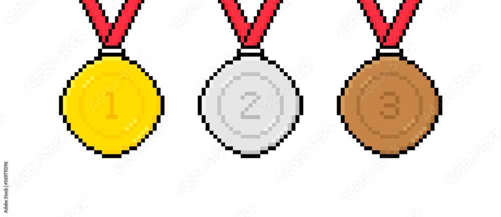 8 bit pixel art gold, silver, bronze medal with red ribbon. 1st, 2nd ...