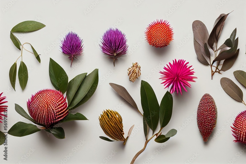 Beautiful flat lay arrangement of mostly Australian native flowers ...