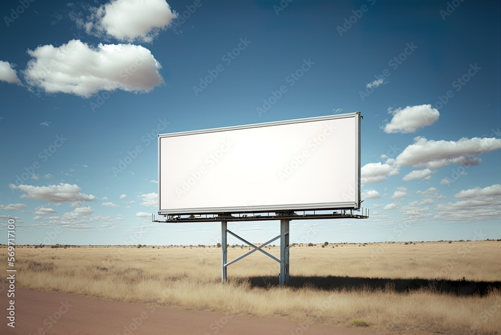 Signboard with no text, set on tall metal legs next to rural road ...