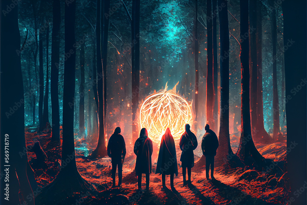 People gathering for tantric fire ritual for magical practice in forest ...