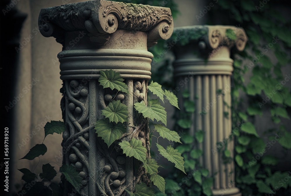 Vintage ivy-draped stone columns are the focal point. Generative AI ...