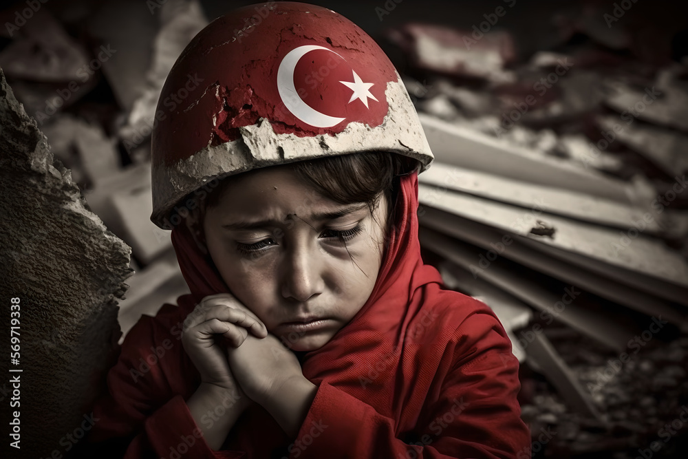 Despair and sadness over the earthquake in Turkey, a young child is sad ...
