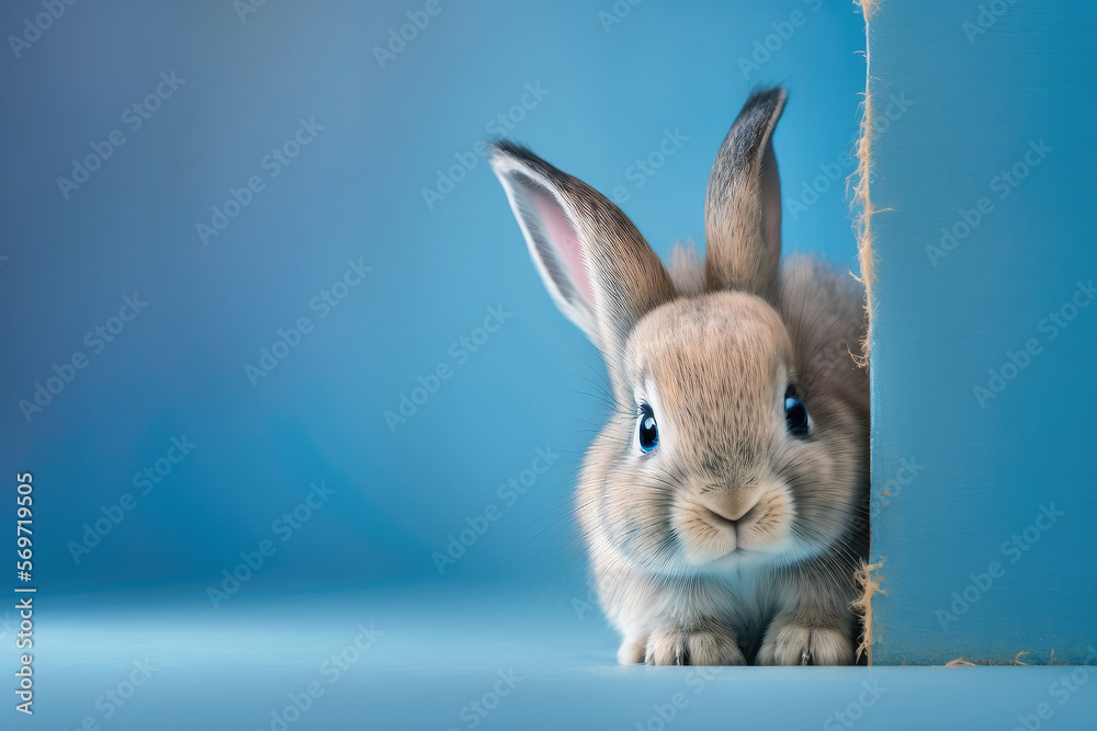 Cute rabbit peeks out from behind a corner on a blue background, with ...