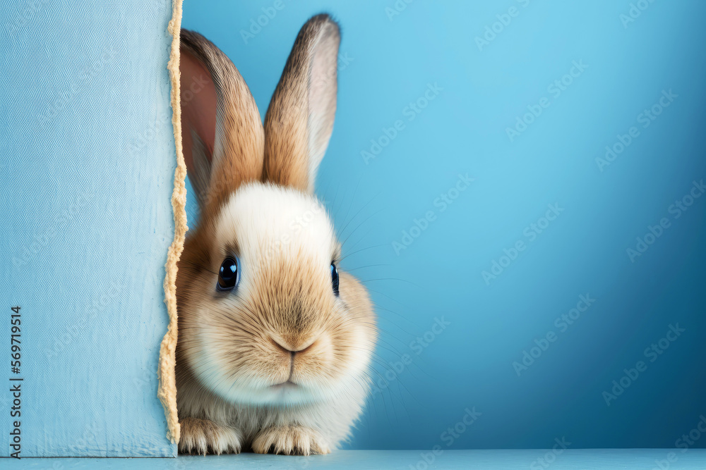 ภาพประกอบสต็อก Cute rabbit peeks out from behind a corner on a blue ...