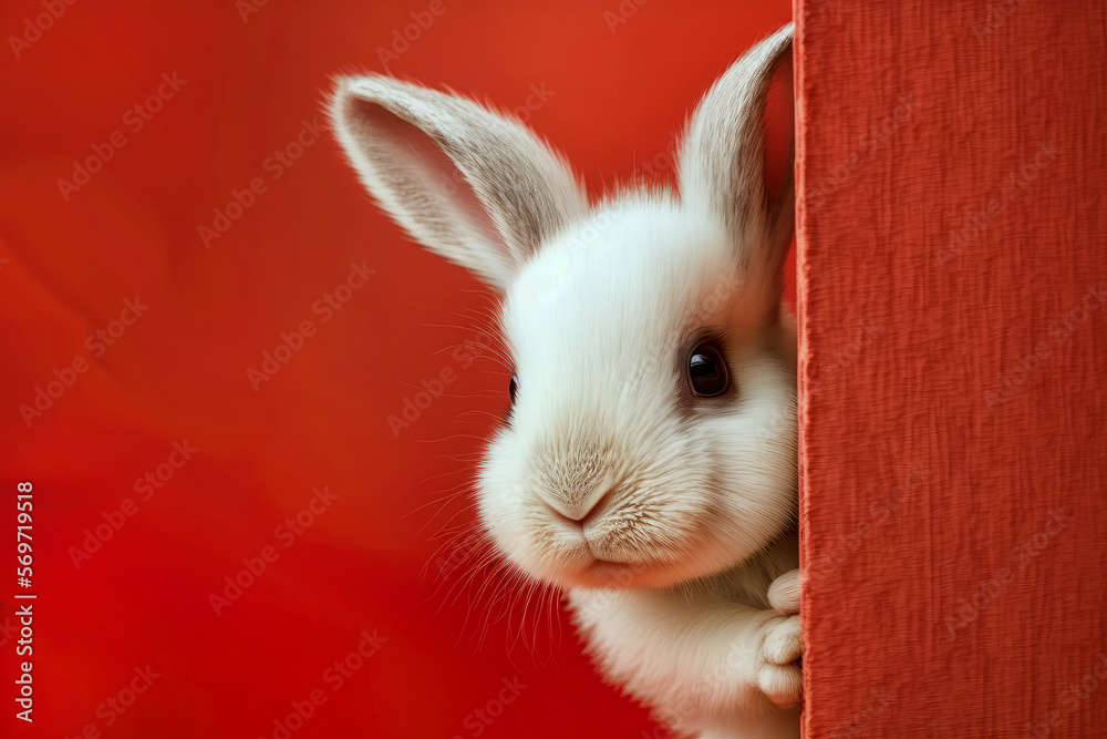 Cute baby rabbit peeks out from behind a corner on a red background ...