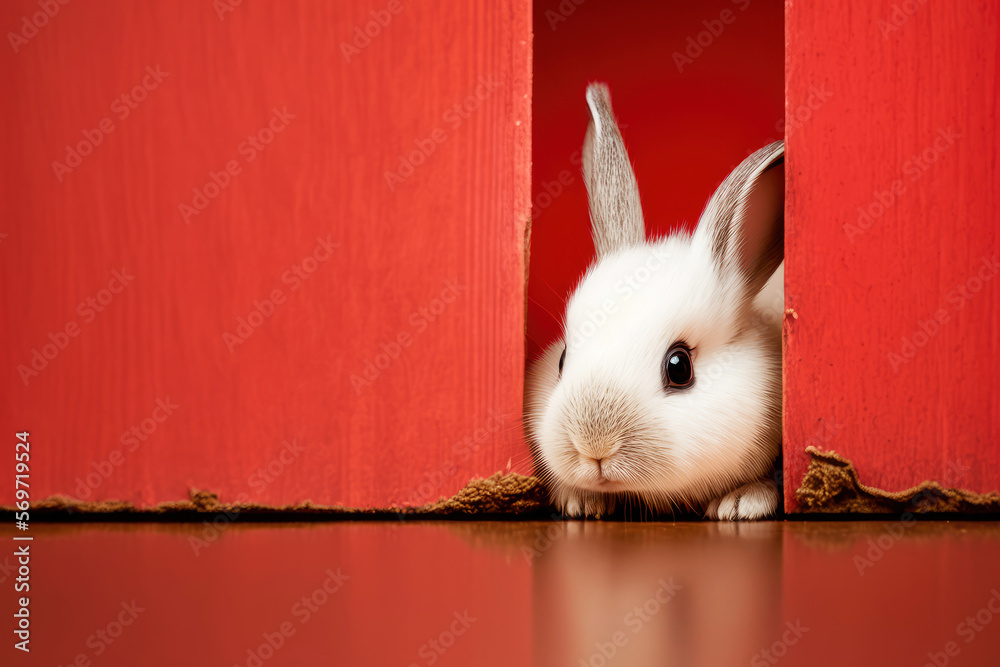 Cute baby rabbit peeks out from behind a corner on a red background ...